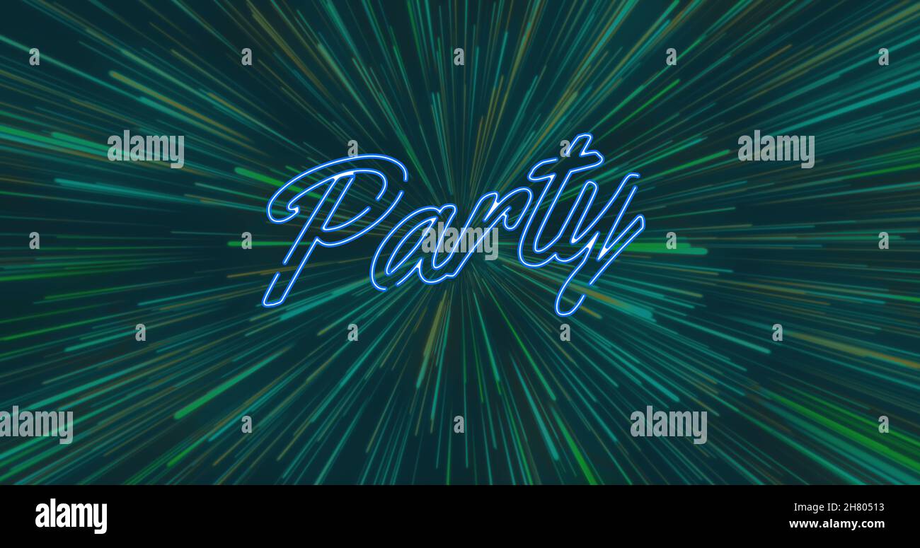 Image of party text over light trails Stock Photo - Alamy