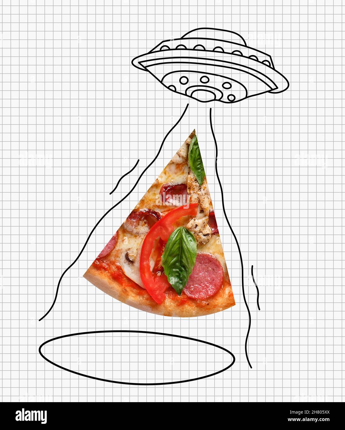Contemporary art collage of UFO, flying saucer with pizza slice ...