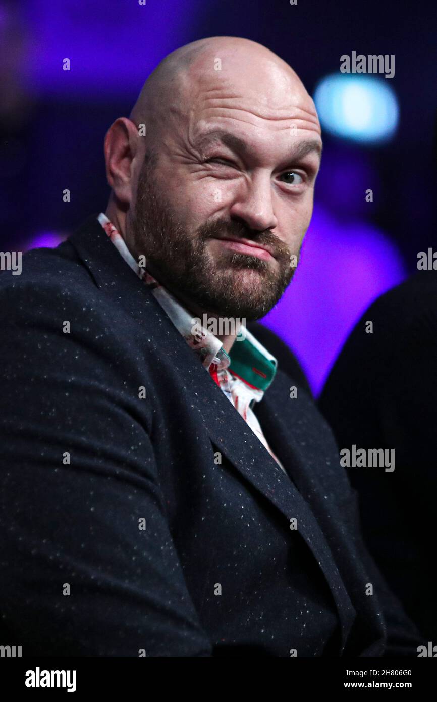 Heavyweight boxer Tyson Fury sitting ringside during the BOXXER Fight ...