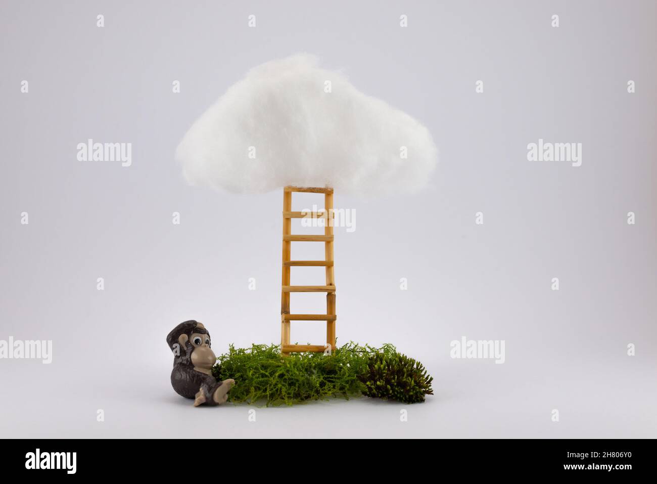 Ladders going into a cloud from the grass with a toy of monkey on white ...