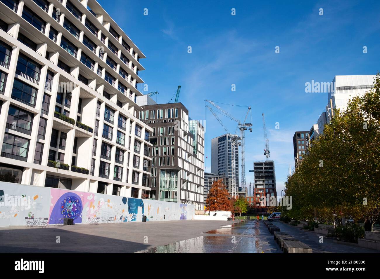 View of apartment buildings flats looking along Lewis Cubitt Square ...