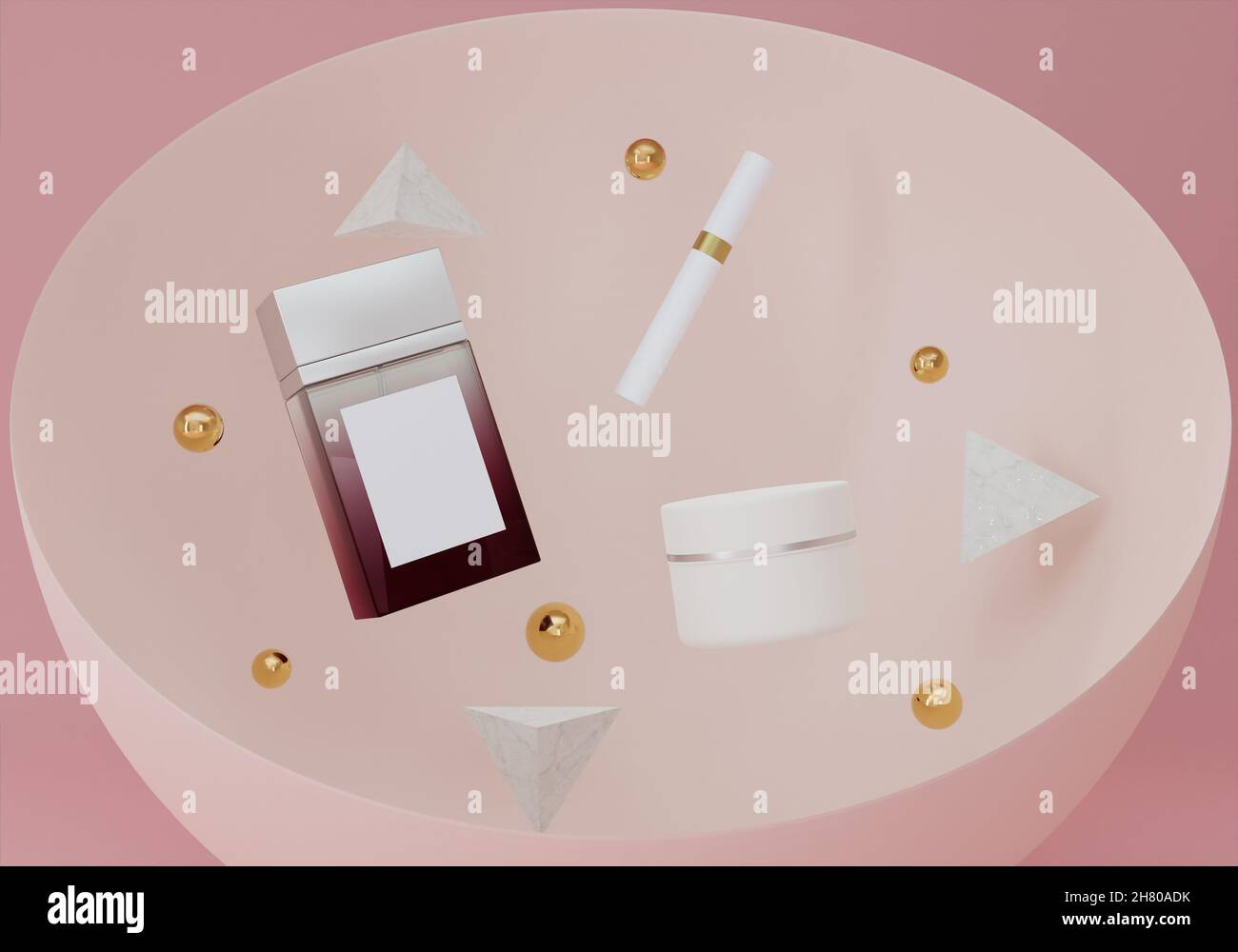 Square perfume bottles and cream jars on pink background Stock Photo ...