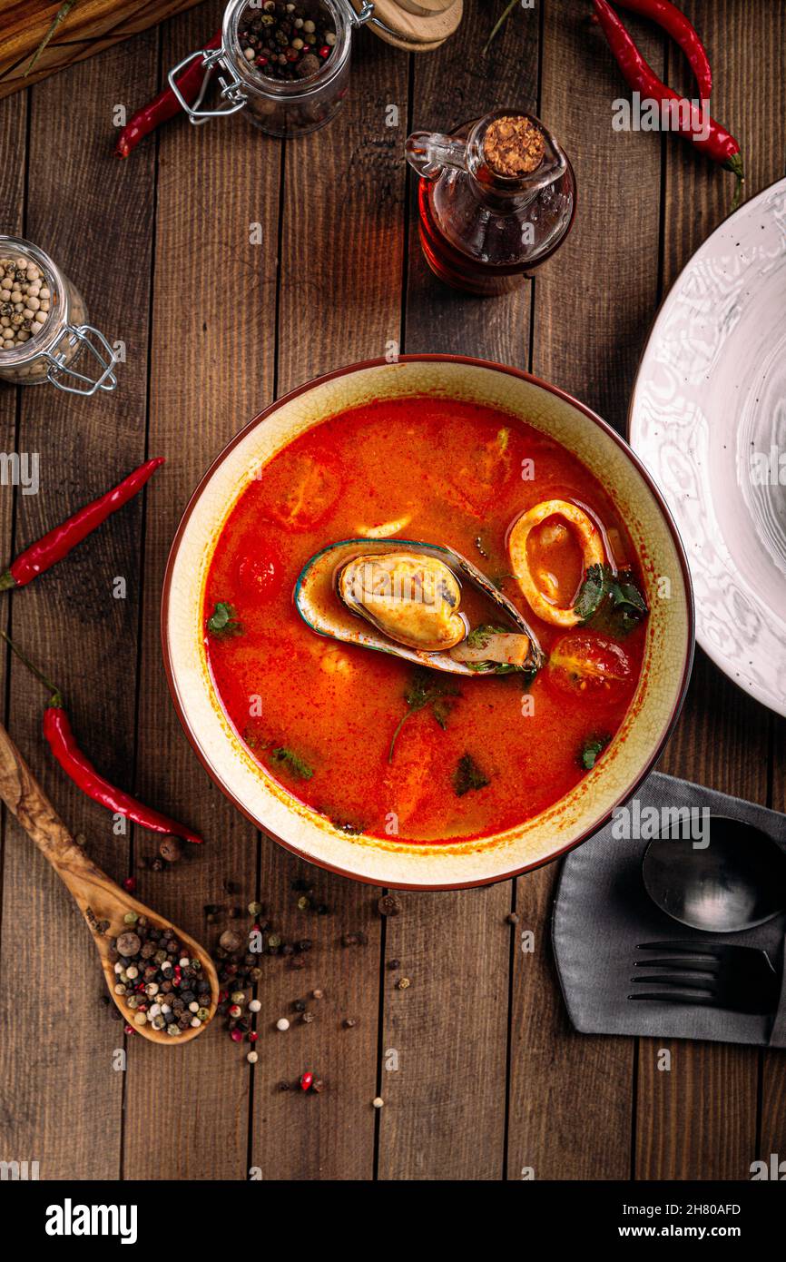 Gourmet thai seafood soup tom yam with rice Stock Photo - Alamy