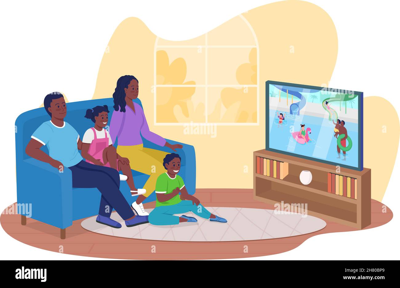 Watching old family videos and photos 2D vector isolated illustration ...