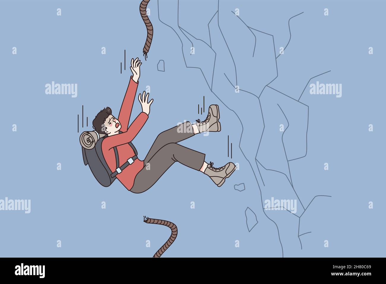 Failure and falling in sport concept. Young man alpinist with broken ...