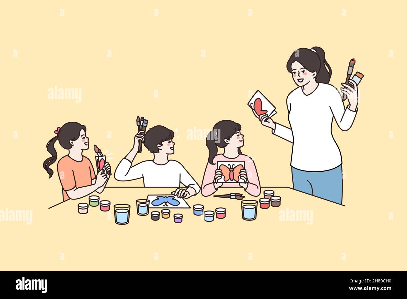 Children hobbies and drawing concept. Young mother or teacher standing ...