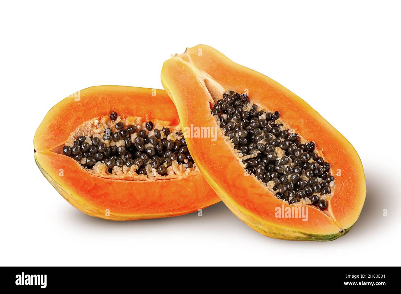 Two half ripe papaya one after another isolated on white background ...