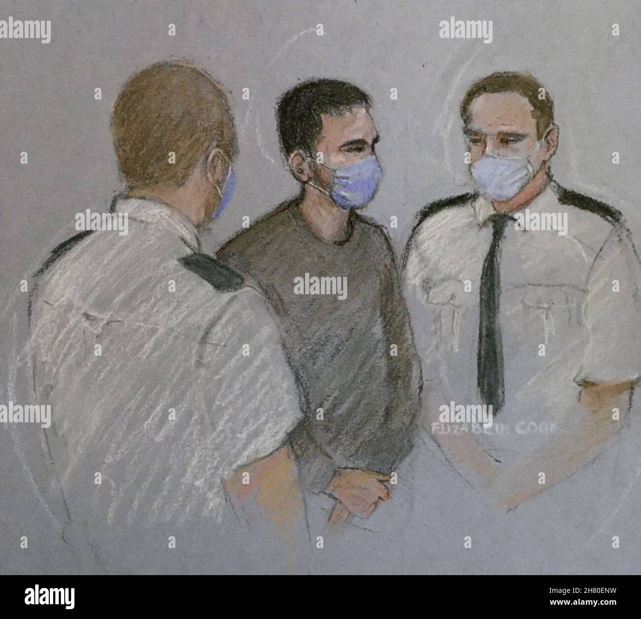 Court artist sketch by Elizabeth Cook of Cody Ackland (centre ...