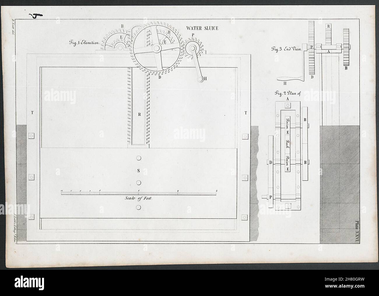 VICTORIAN ENGINEERING DRAWING Water Sluice 1847 old antique print ...