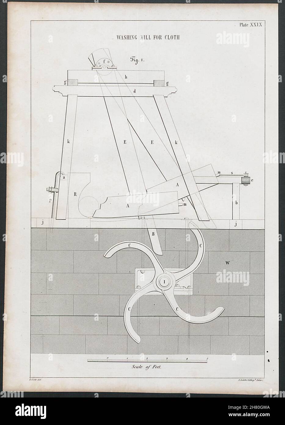 VICTORIAN ENGINEERING DRAWING Washing mill for cloth (1) 1847 old print ...