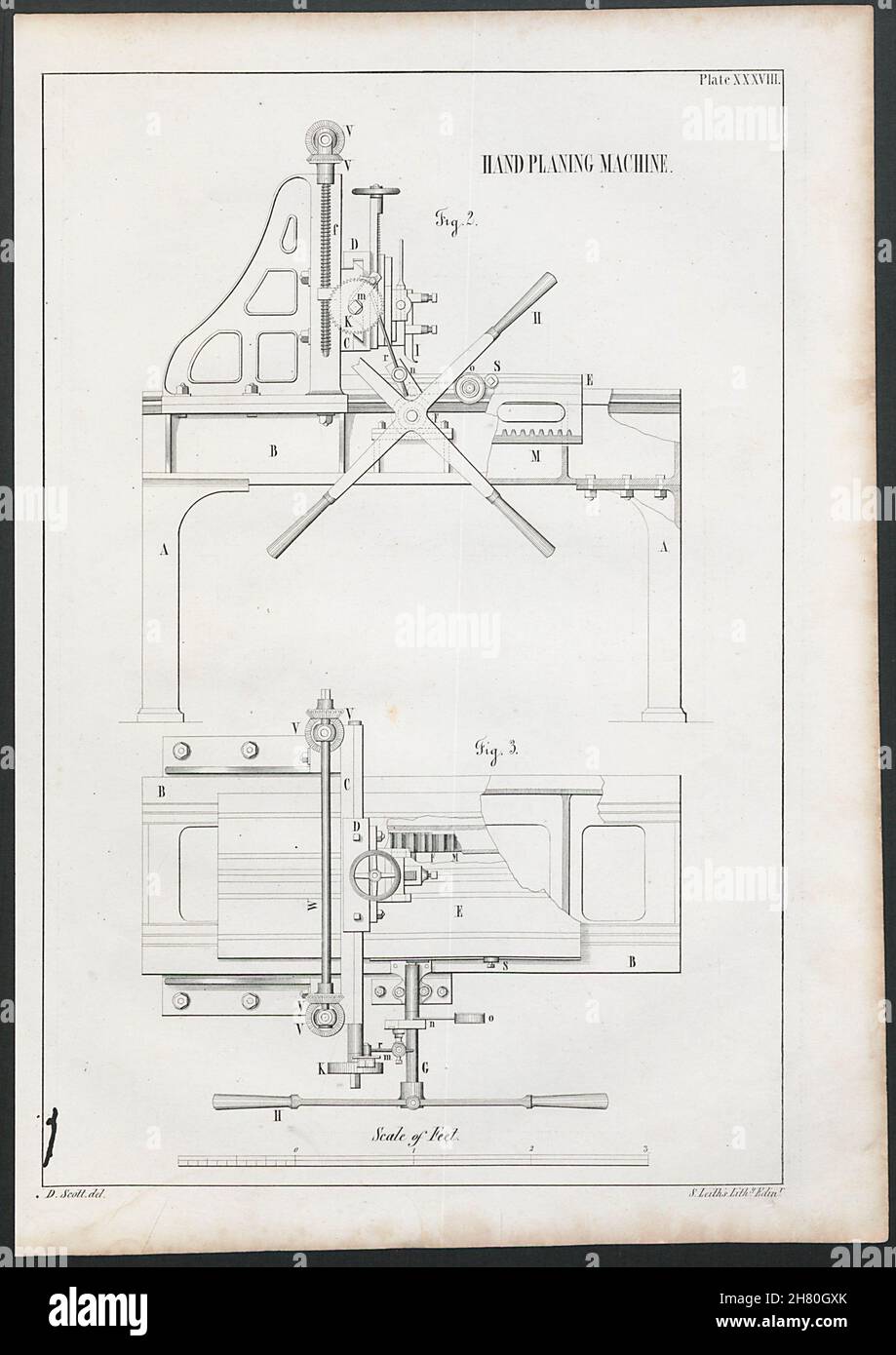 VICTORIAN ENGINEERING DRAWING Hand planing machine. Fig 2 1847 old ...
