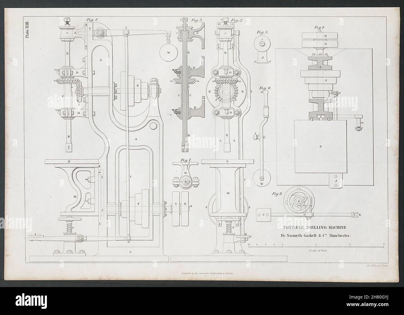 19C ENGINEERING DRAWING Drilling machine. Nasmyth Gaskell, Manchester ...