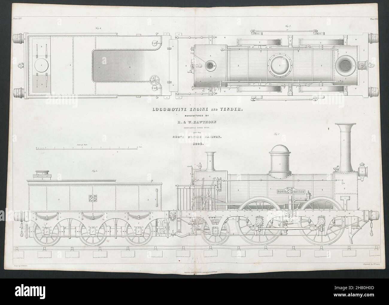 19C ENGINEERING DRAWING Locomotive engine & tender. North British ...