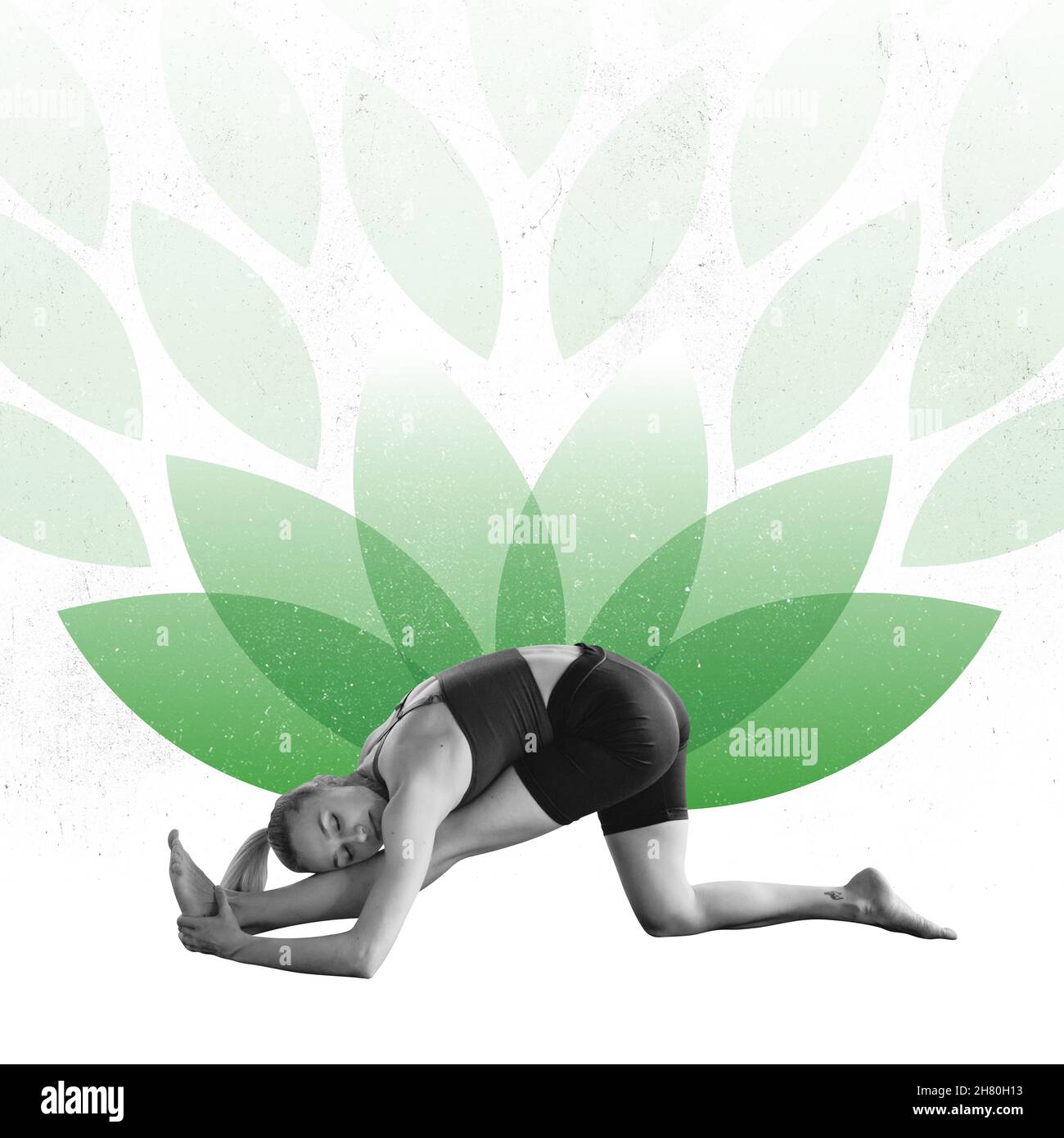 Contemporary art collage of young girl doing yoga stretching exercises ...