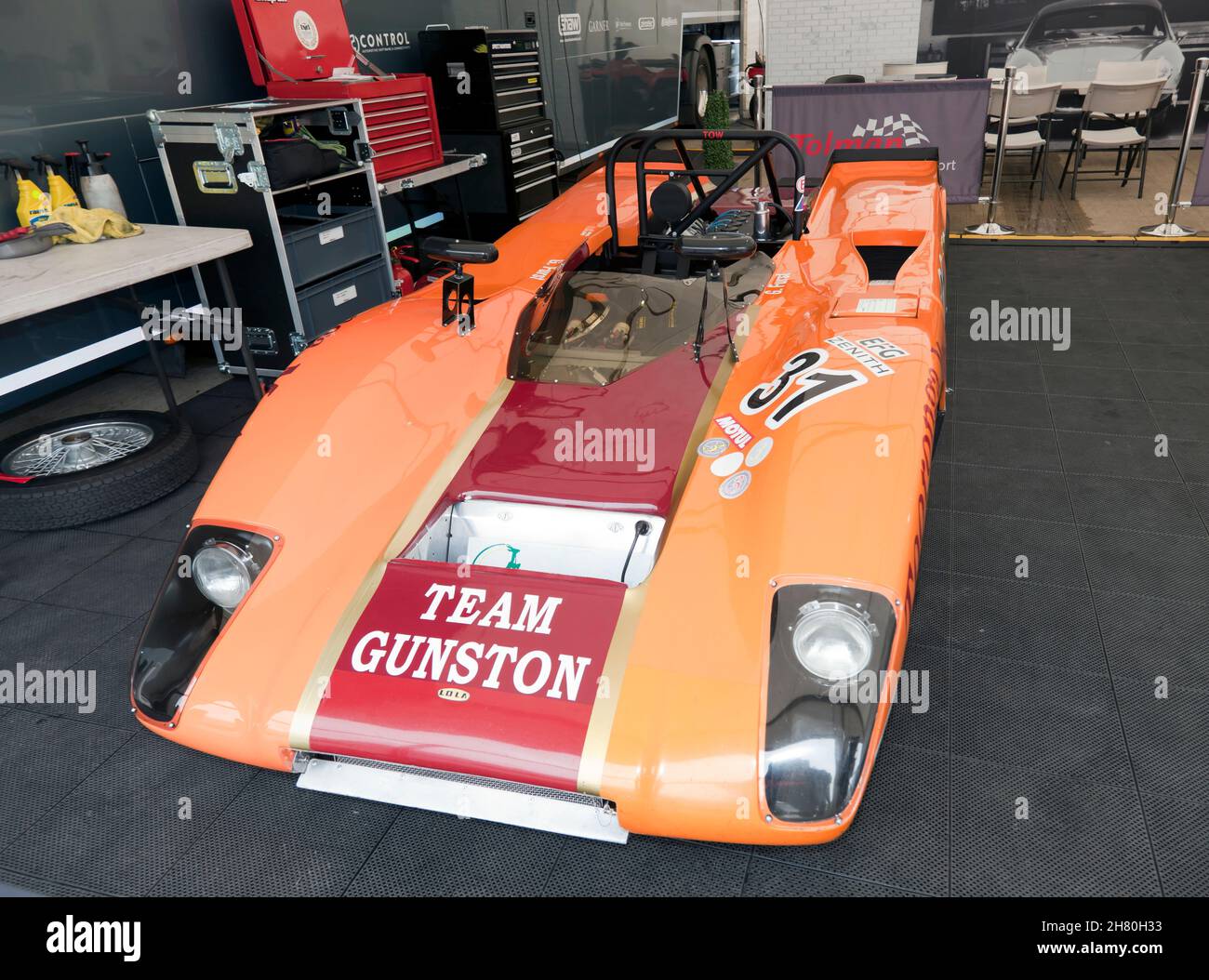 Gary Furst's Orange, 1971, Lola T212, in its pit garage, at the 2021 ...
