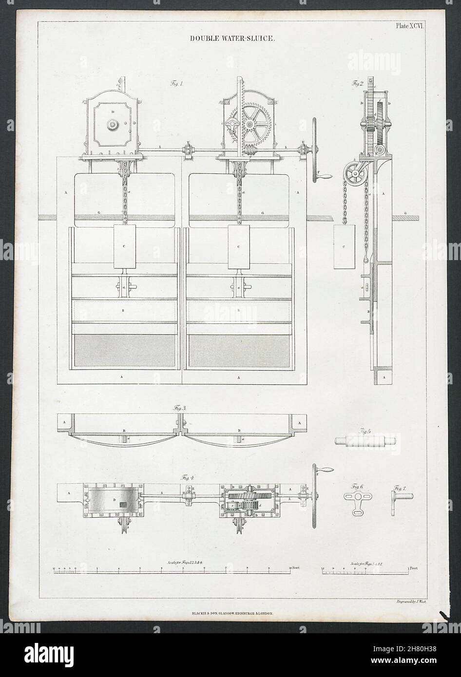 VICTORIAN ENGINEERING DRAWING Double water-sluice 1847 old antique ...