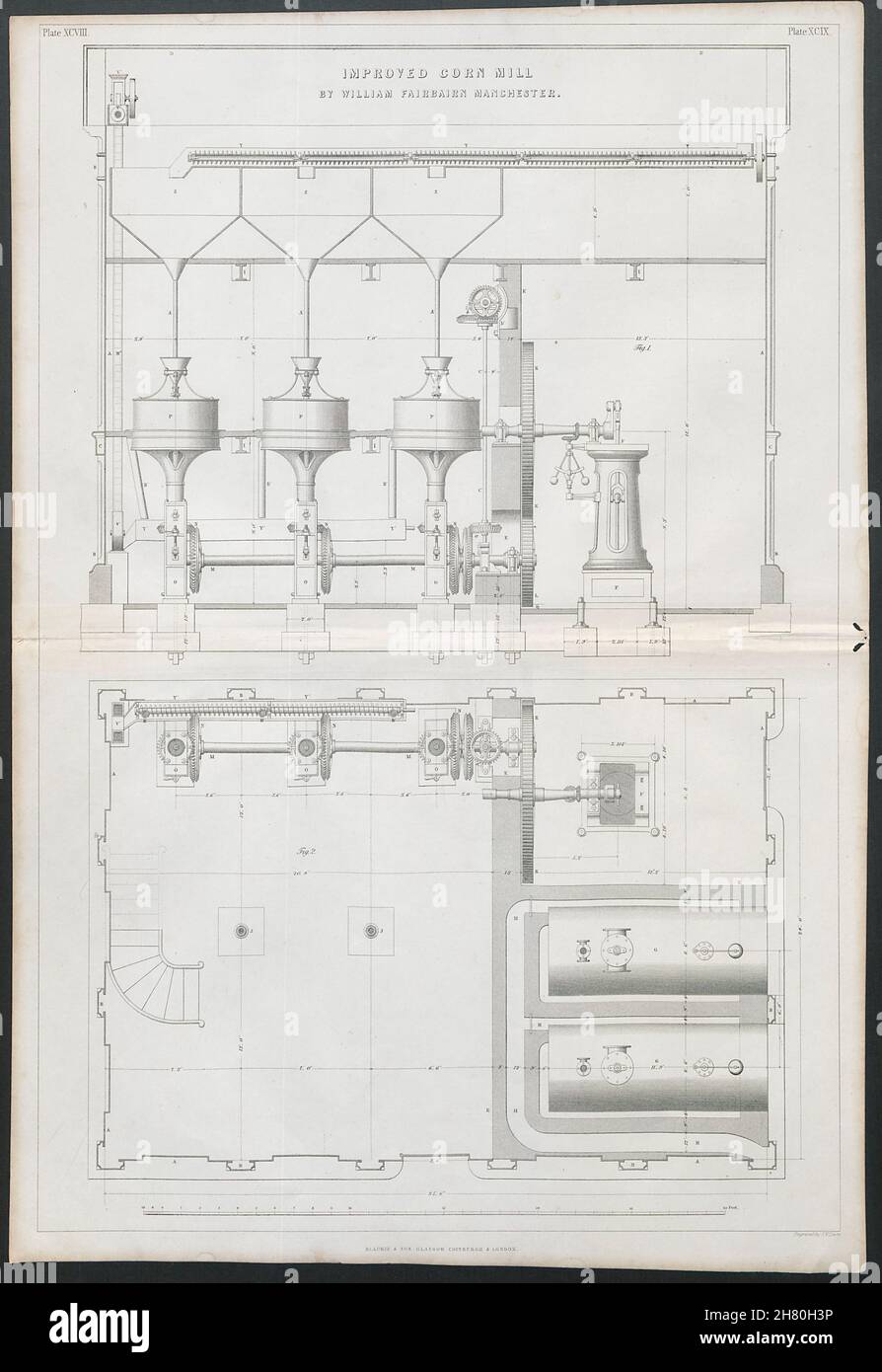 19C ENGINEERING DRAWING Improved corn mill by William Fairbairn ...