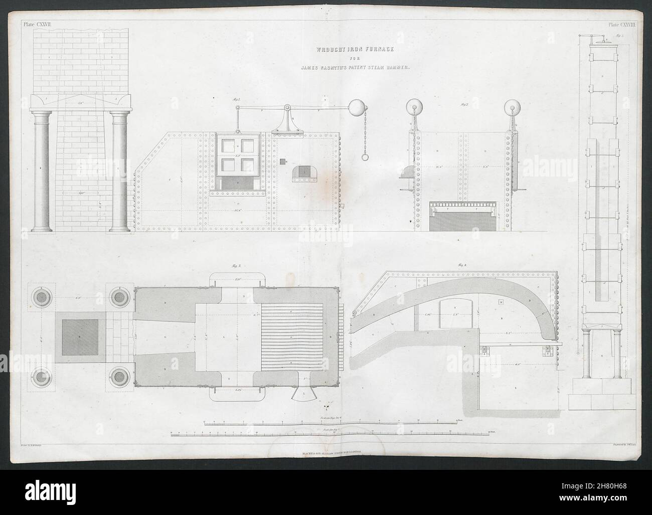 19C ENGINEERING DRAWING Wrought iron furnace. Nasmyth's patent steam ...