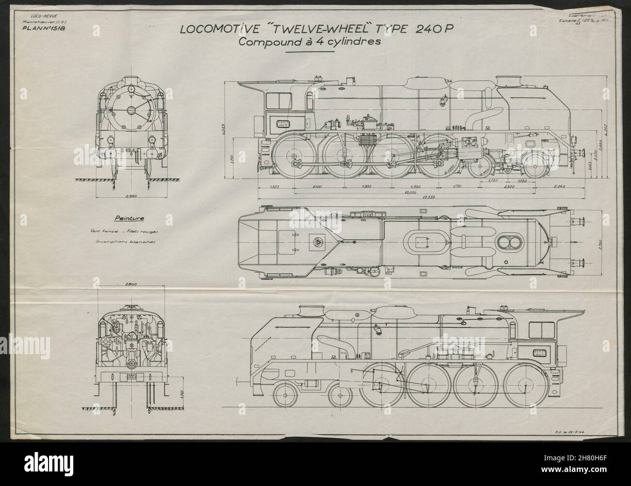 4-8-0 Locomotive SNCF 240P class. 4 cylinders. Engineering plan drawing ...