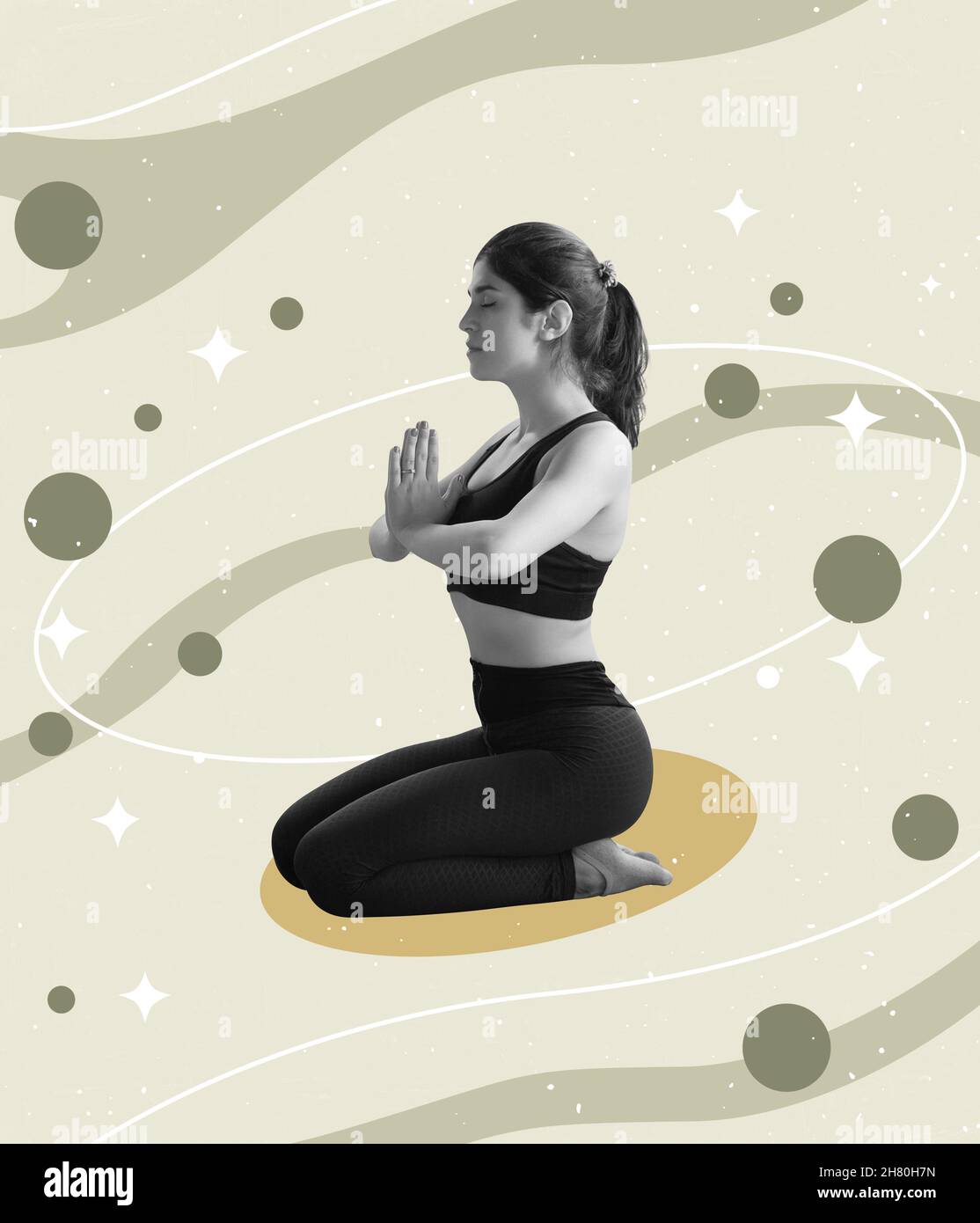 Contemporary art collage of calm woman practising yoga, sitting in ...