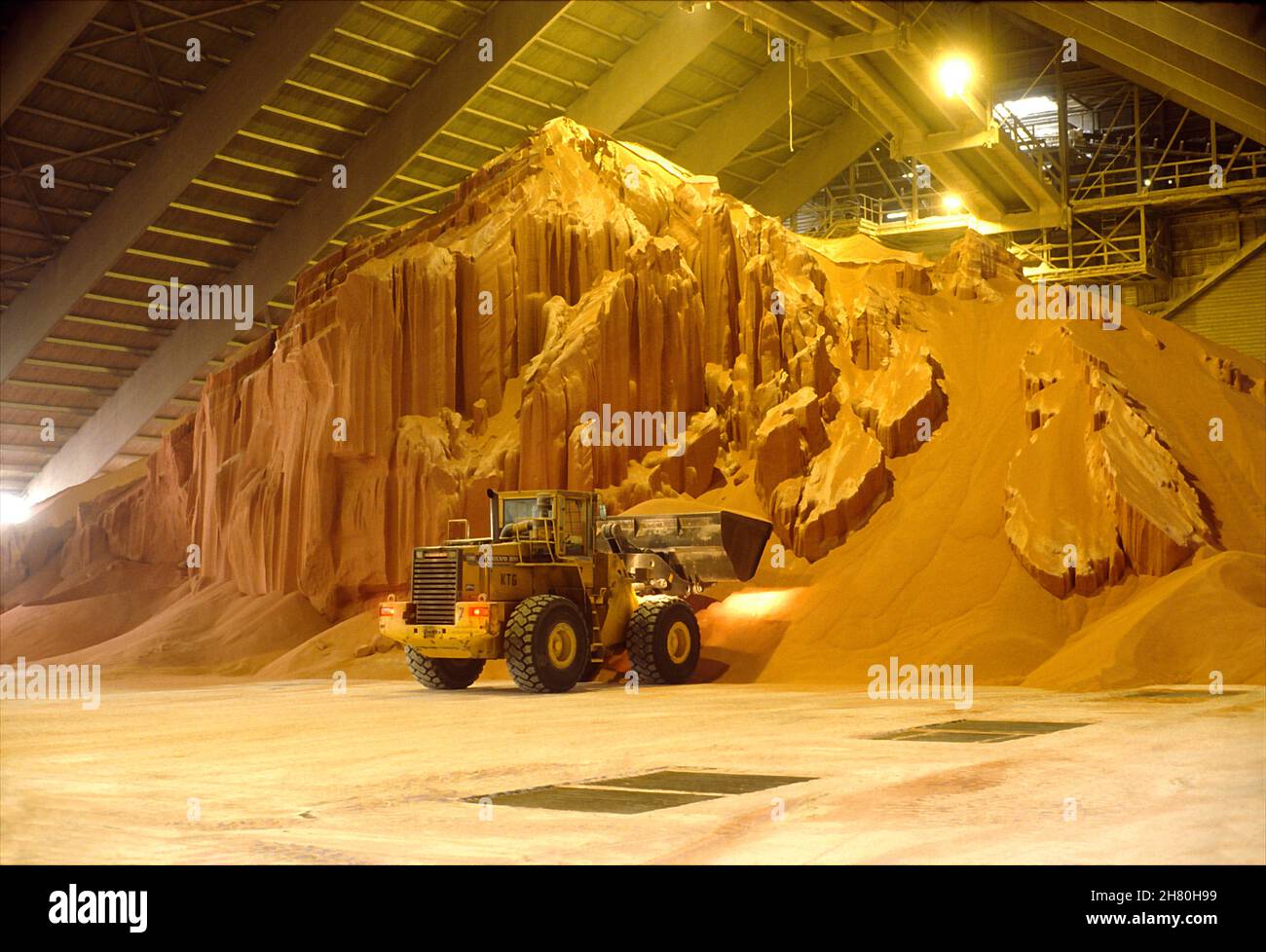 Potash being transshipped by means of a wheel-mounted front-end loader ...