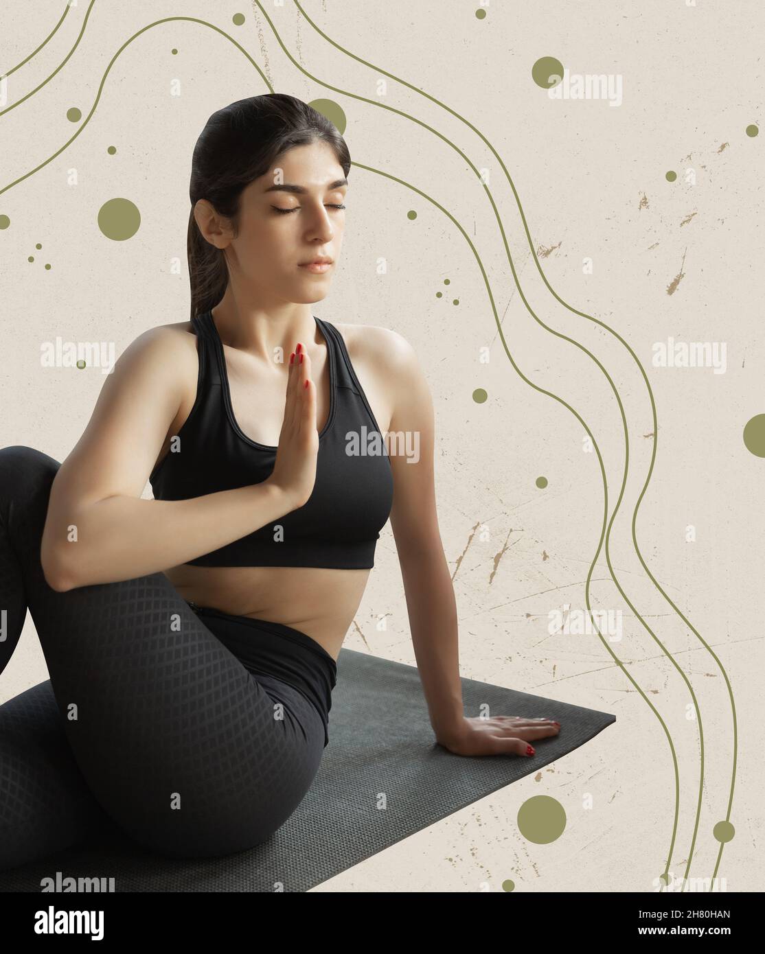 Contemporary art collage of cal young woman practising yoga, doing ...