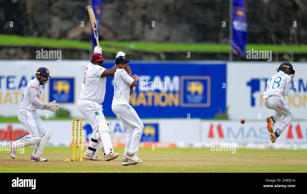 West Indies' Rahkeem Cornwall plays a shot during test cricket match ...