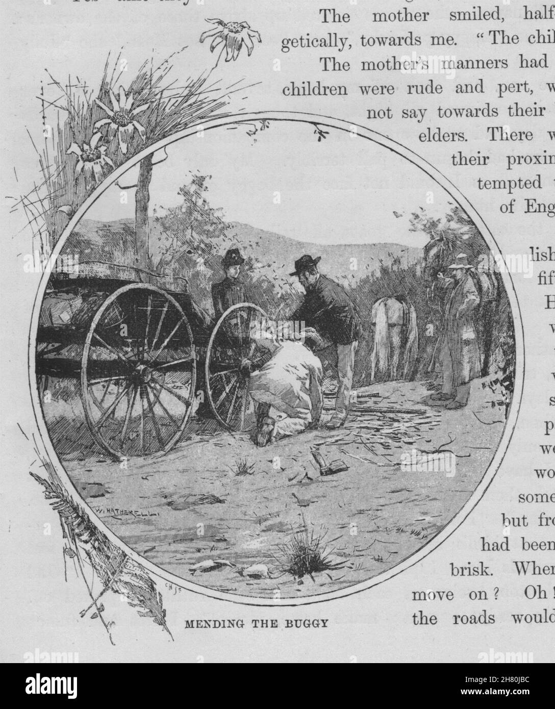 Mending the Buggy. Australia 1890 old antique vintage print picture ...