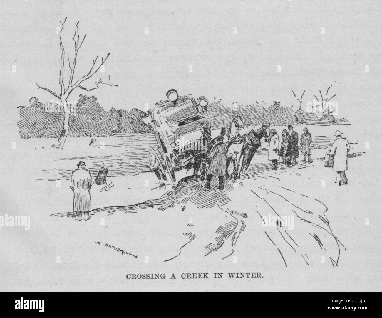 Crossing a Creek in Winter. Australia 1890 old antique vintage print ...