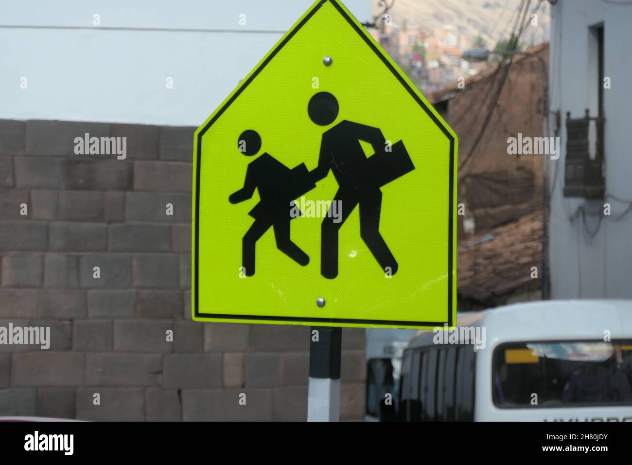 Cuzco Peru centre of town sign for children walking across the road ...
