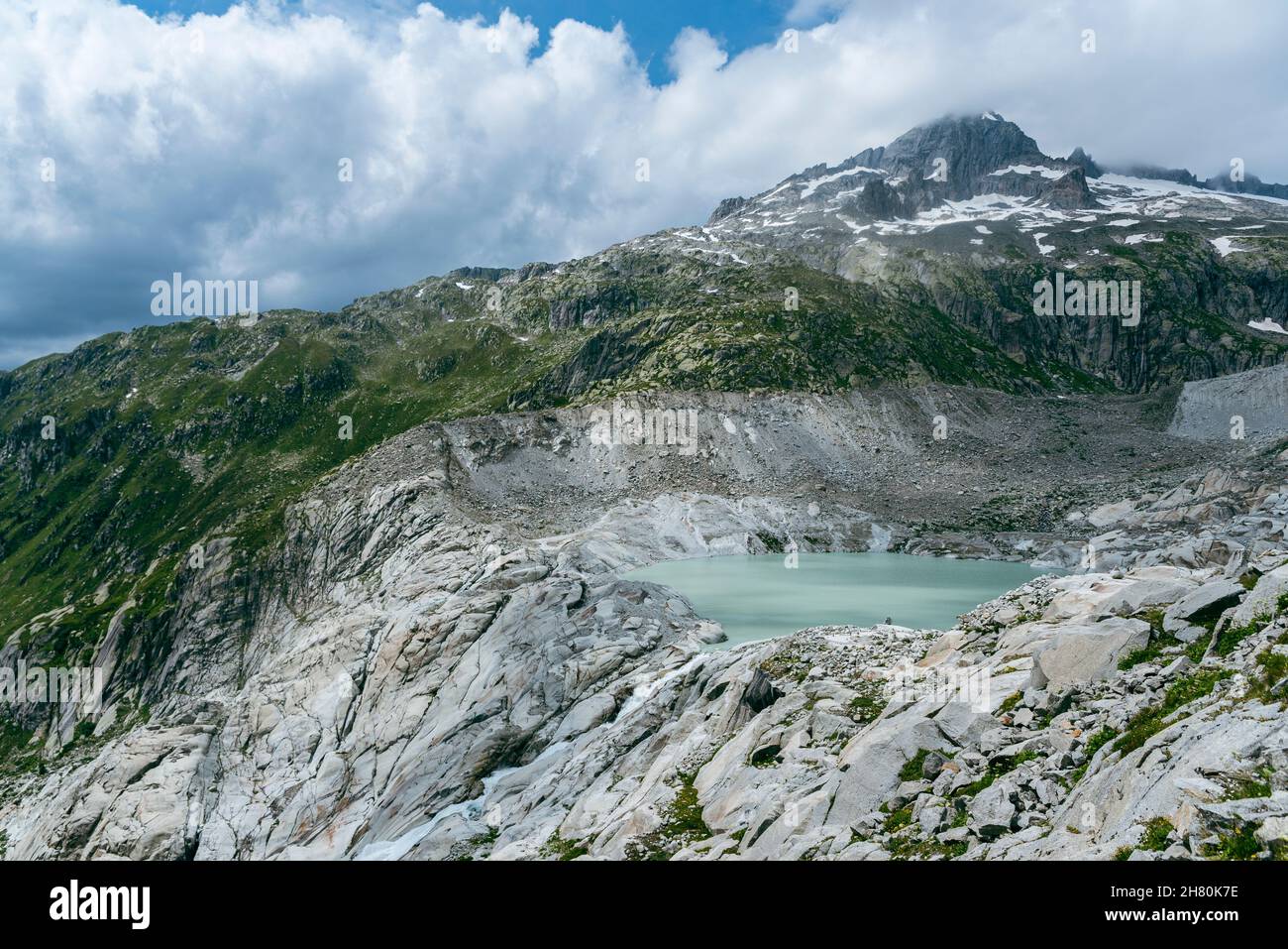 Mountainscape with the source of the Rhone, Oberwald, Valais ...