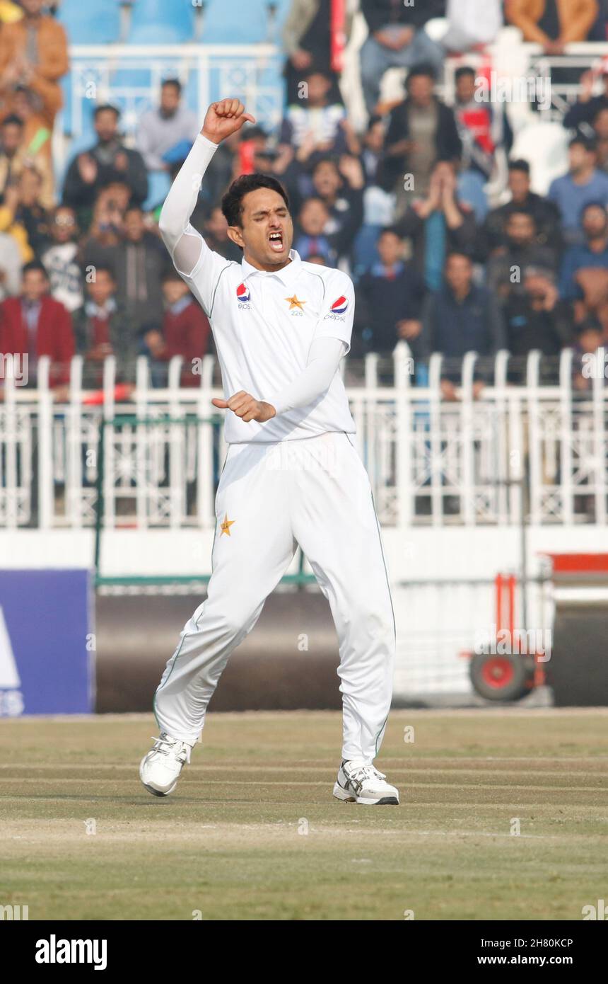 Pakistani bowler Muhammad Abbas bowls the Sri Lankan batsman Stock ...