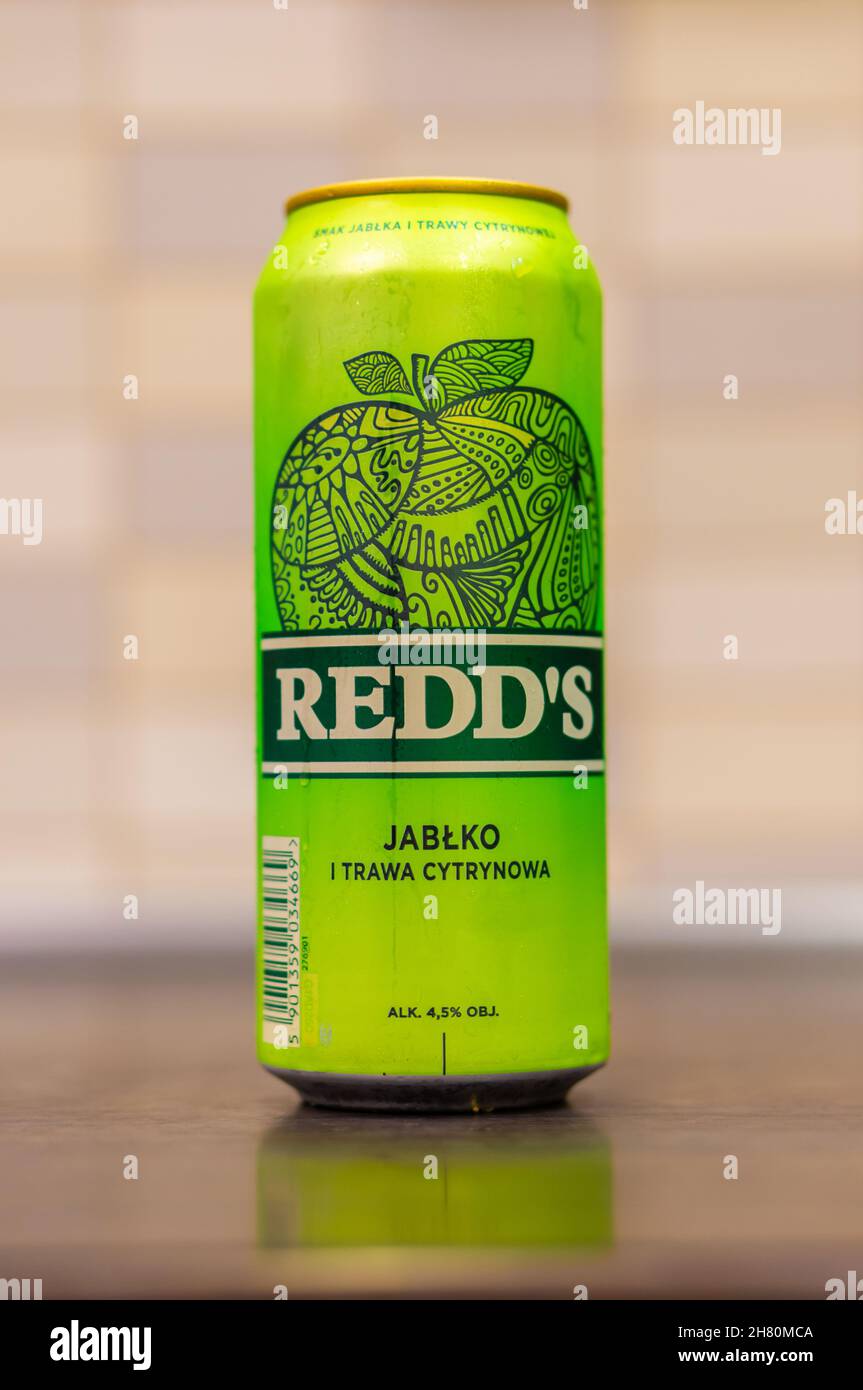 POZNAN, POLAND - Jun 15, 2019: A vertical shot of a Polish Redd's beer ...
