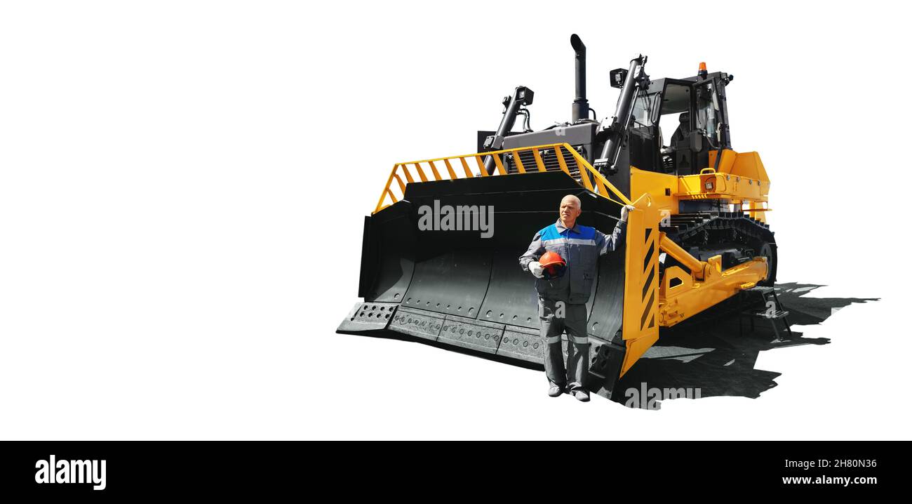 Yellow bulldozer with driver on white isolated background, industrial ...