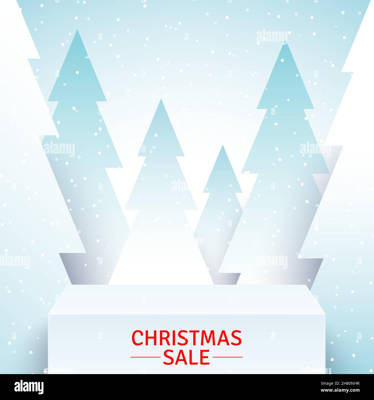 White stage standing on snowy forest background. Winter holidays ...