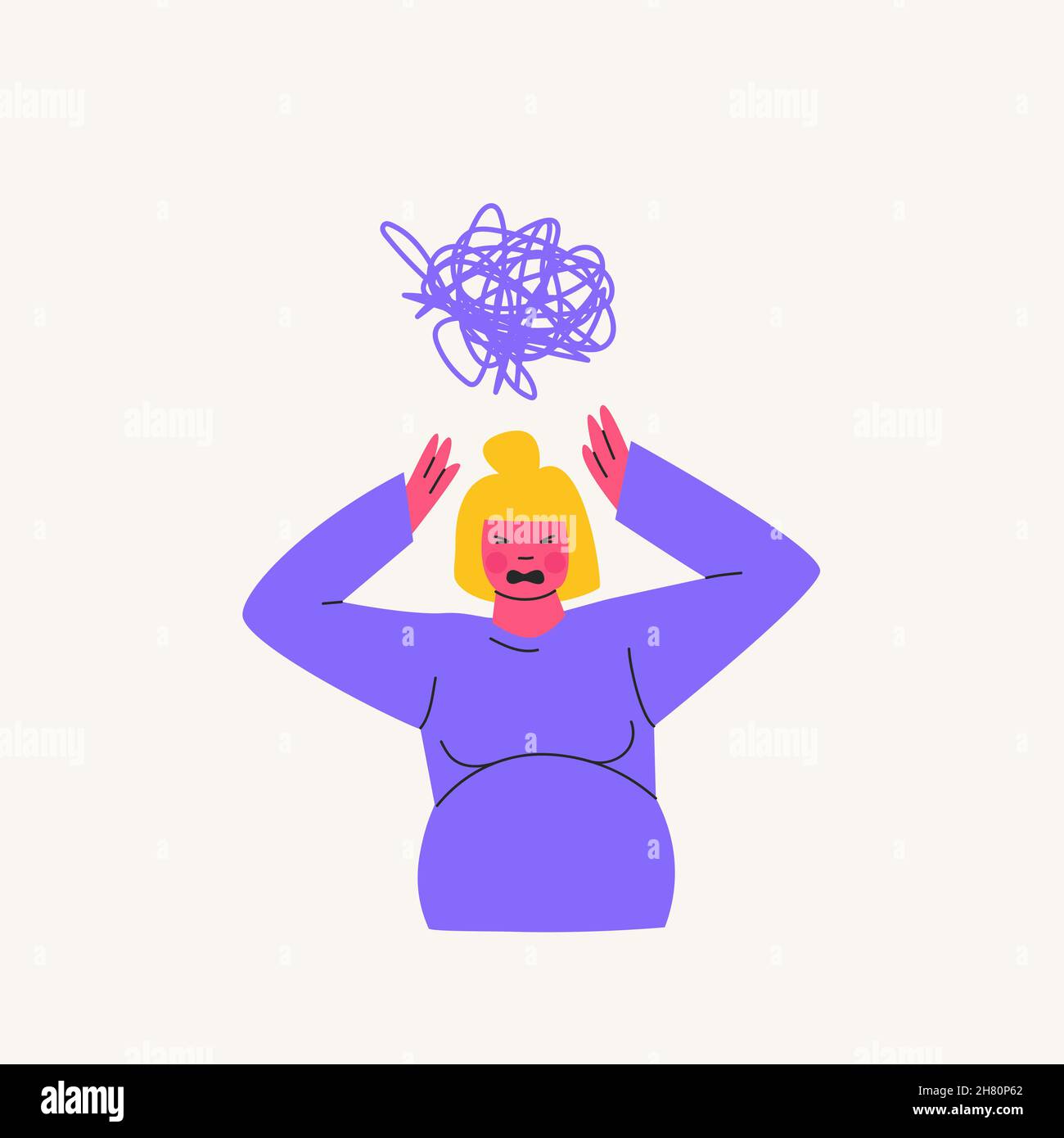 Annoyed pregnant woman screams, a tangle of thoughts over her head ...