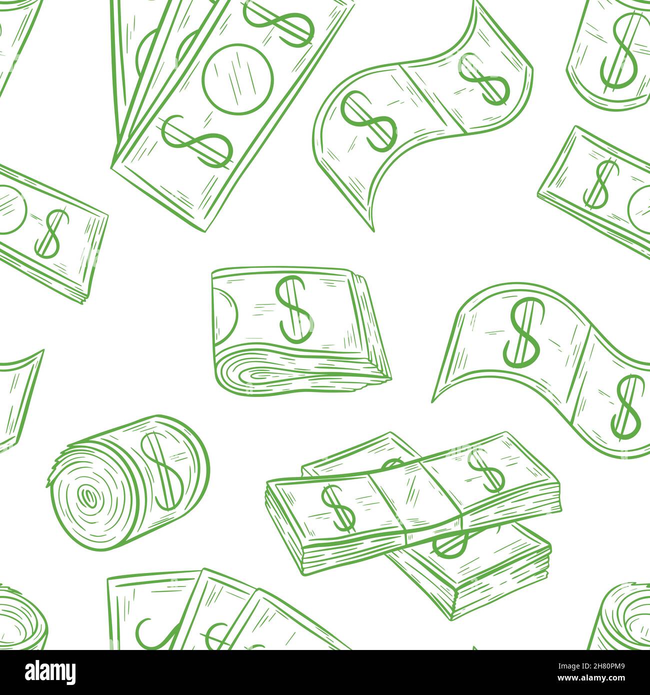 Hand drawn money seamless pattern. Background with green banknotes and ...