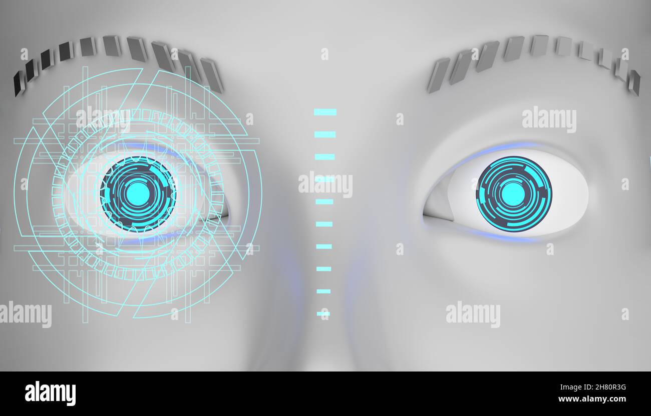 Illustration of the cyborg robot's eyes with a digital panel. 3D Render ...