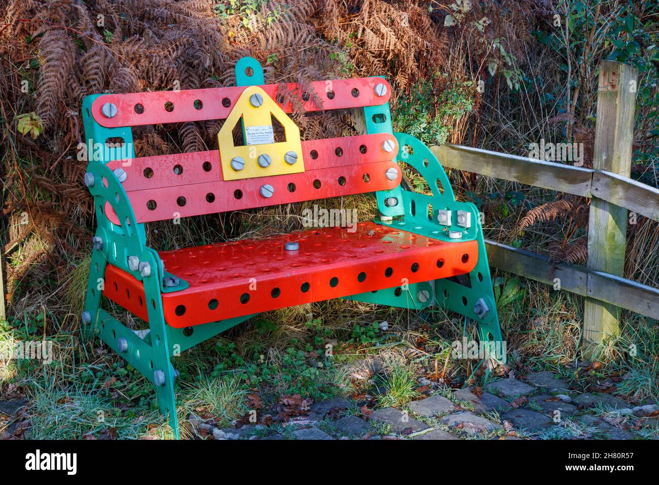 The Meccano garden seat at Nob End on a November's day in 2021 Stock ...
