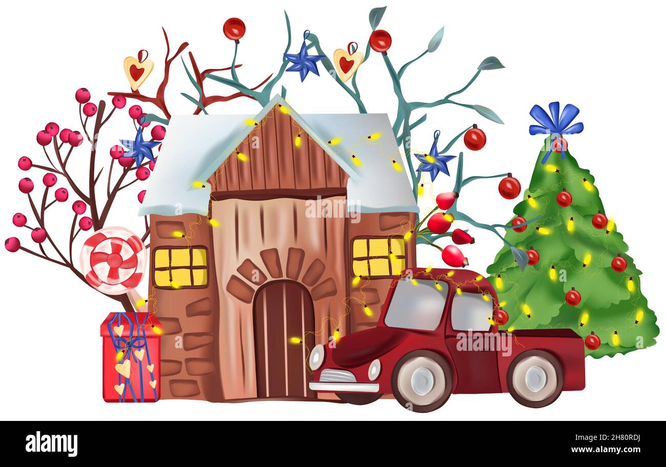 Cute greeting card with Christmas House, tree, red berries, tree ...