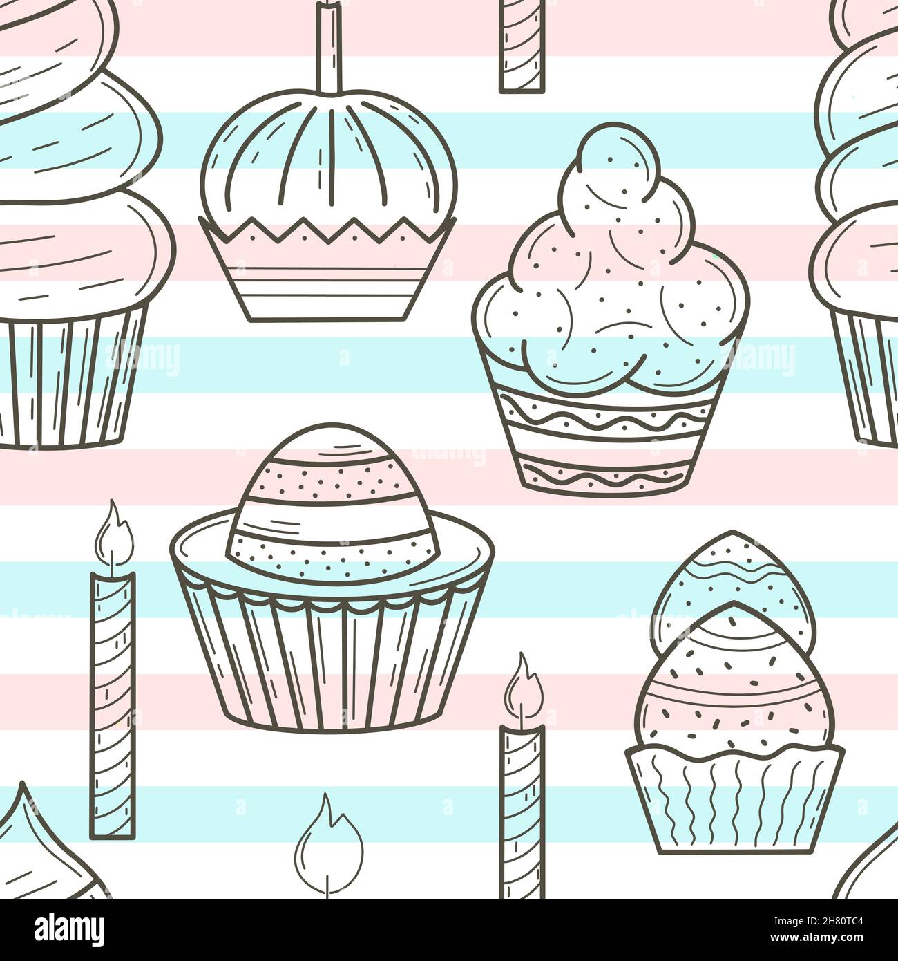 Seamless pattern handmade sketch pastries on a striped background. Cakes with cream and ...