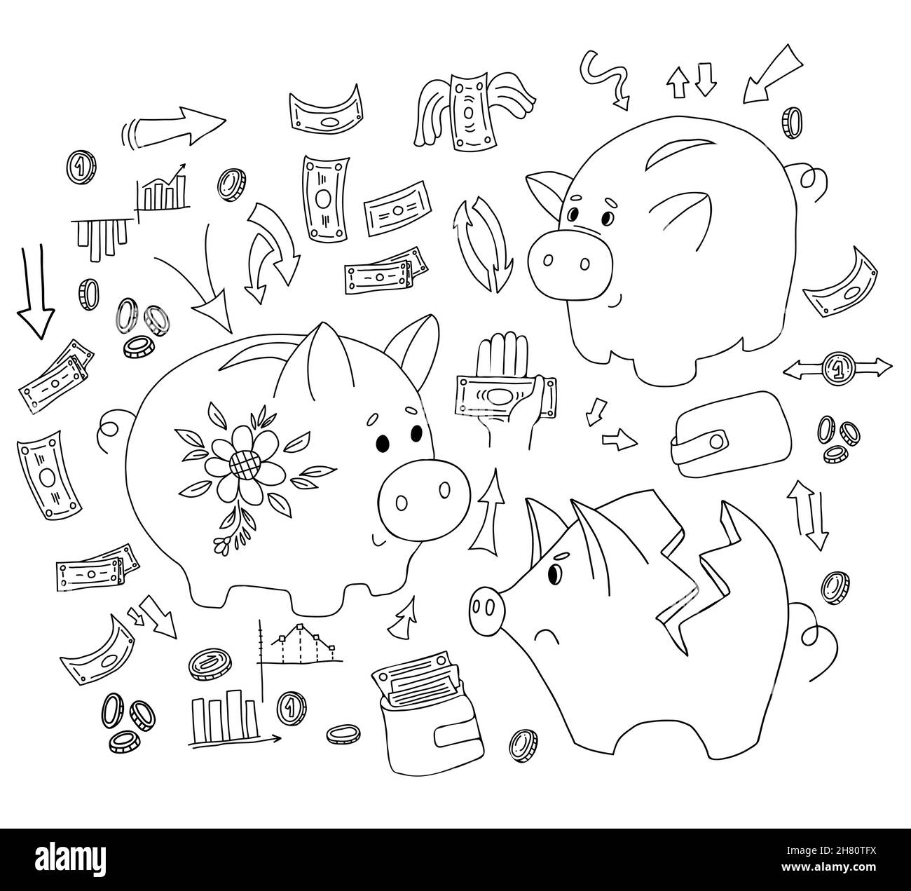 Pig piggy bank, banknotes and cash, money and coins, bank and income ...