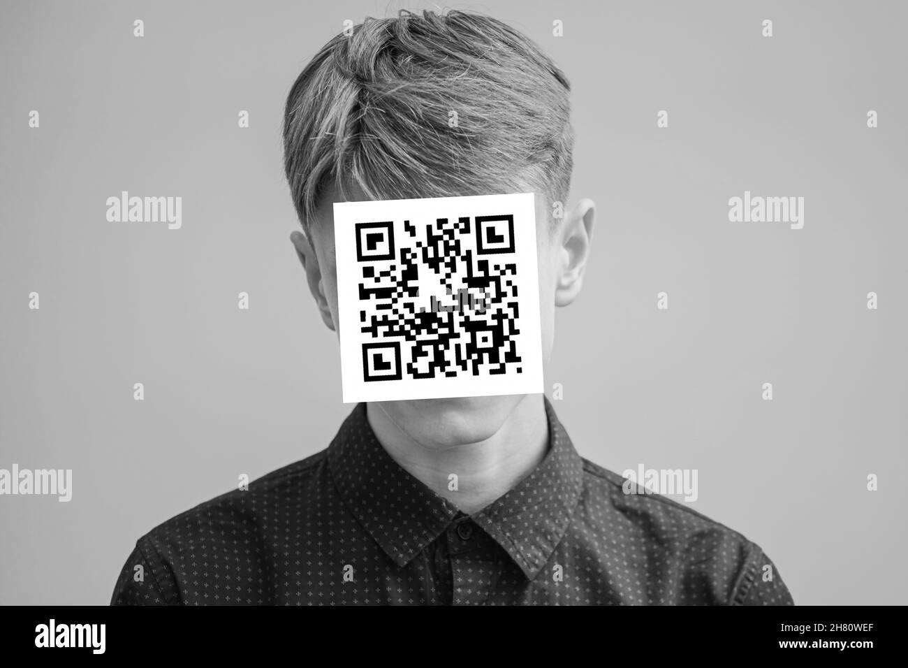 man with qr code on his face. black and white photography. High quality ...