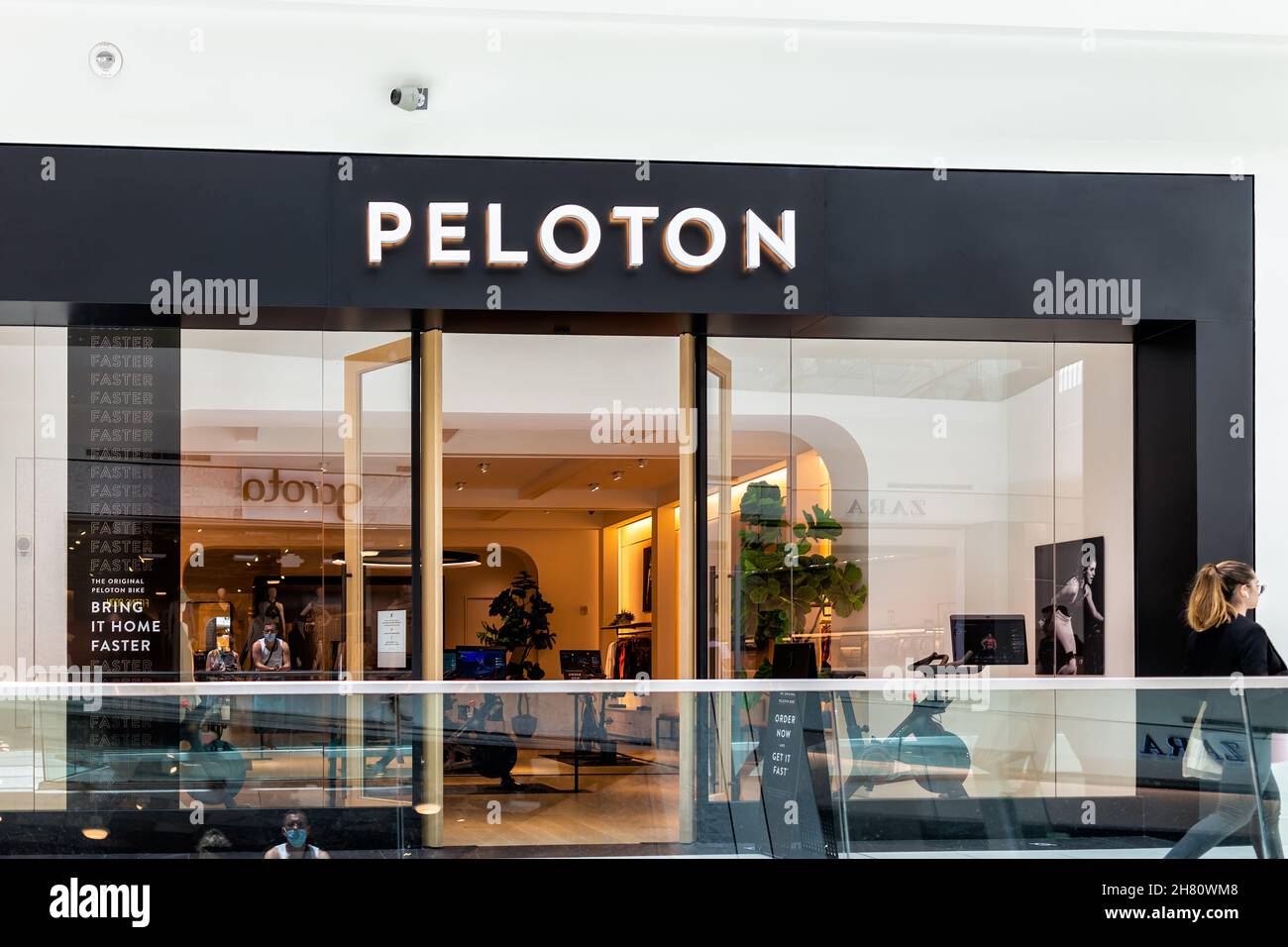 Miami, USA - July 19, 2021: Sign for famous Peloton store shop selling ...
