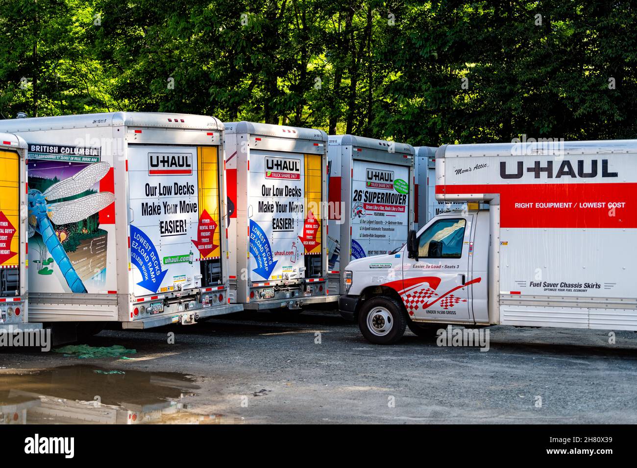 Banner Elk, USA - June 23, 2021: Many U-Haul trailer and trucks vans ...