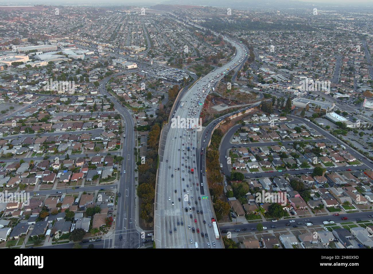 An aerial view of traffic on the California State Route 60 freeway ...