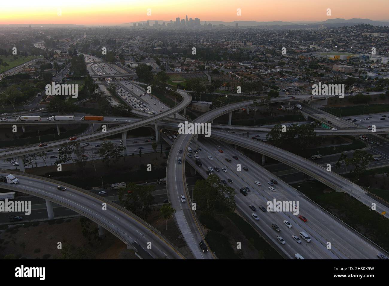 An aerial view of traffic on the California State Route 60 and ...