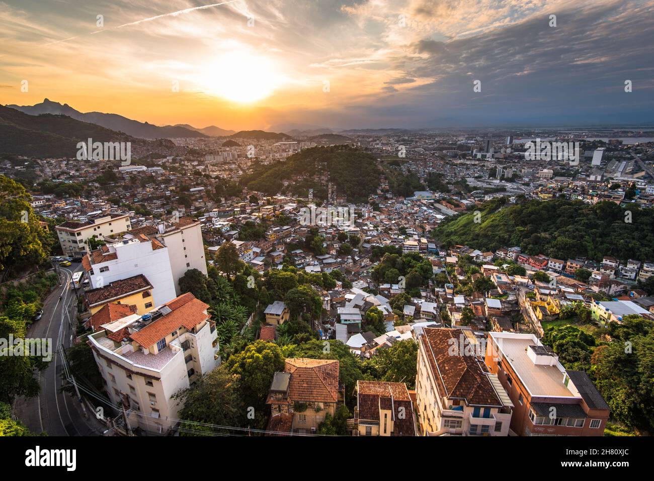 Aerial View of Rio de Janeiro Poor Areas and Slums on Hills by Sunset ...