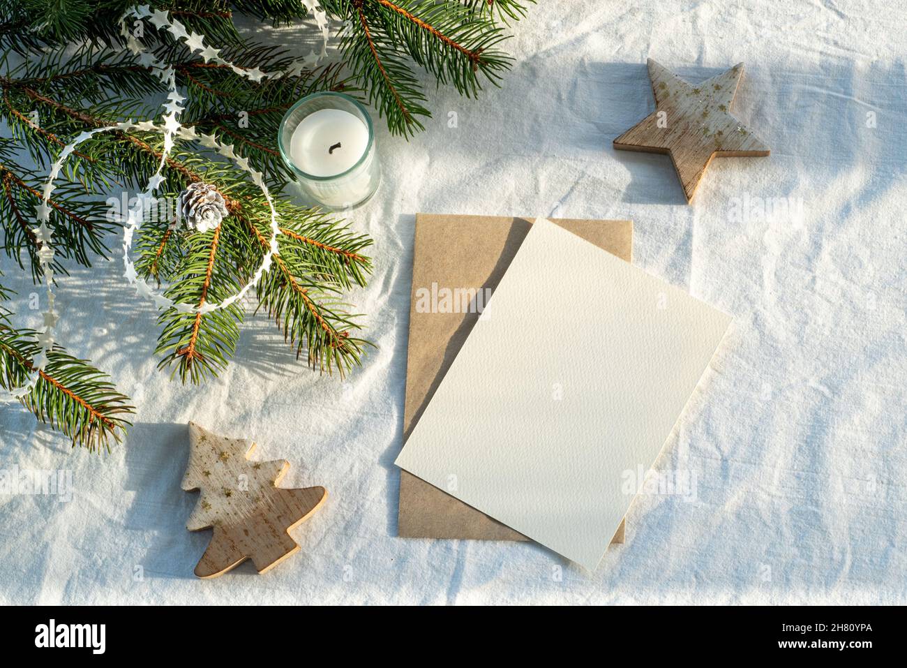 Blank greeting card, invitation card mockup.Christmas decoration scene ...