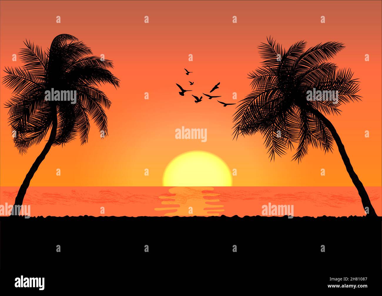 landscape view drawing palm with sunset or sunrise background vector ...